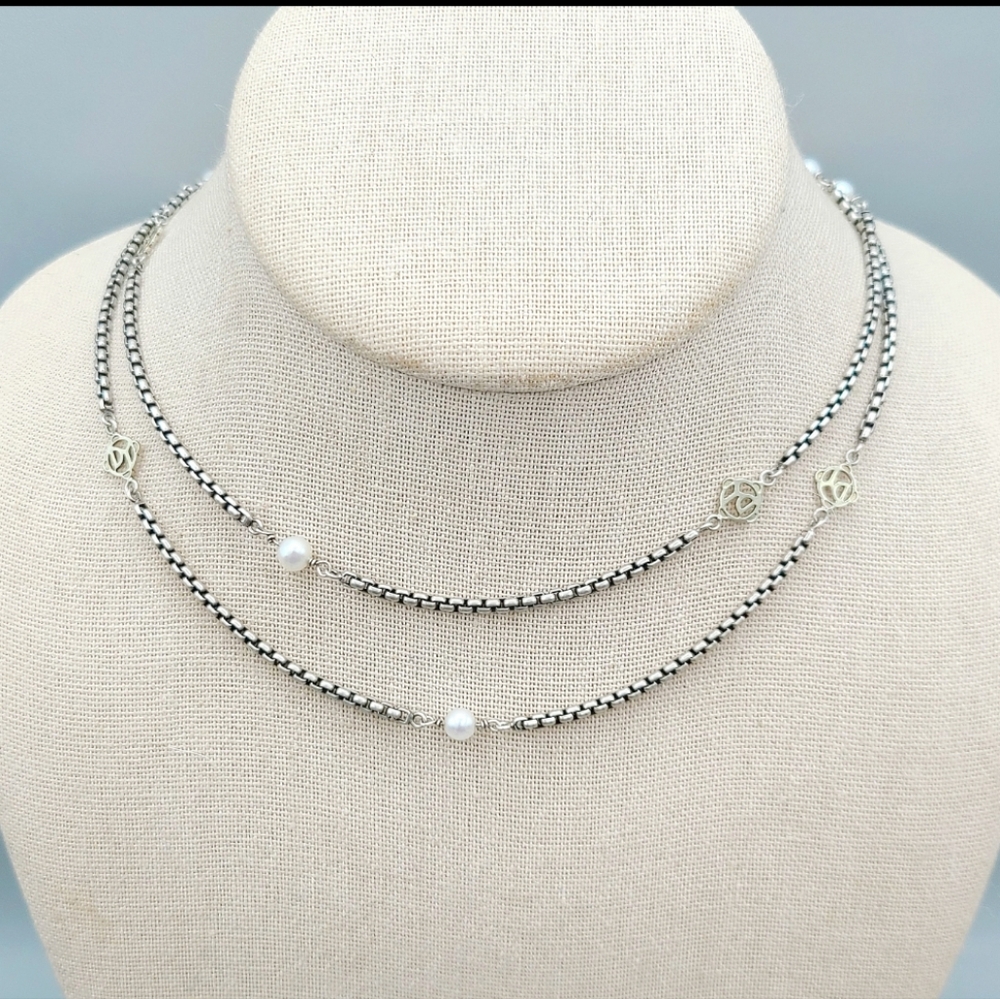David Yurman Pearl Gold Logo Station Necklace , 32" - Gem